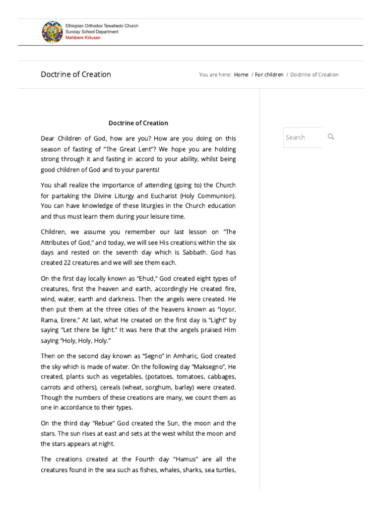 Doctrine of Creation - Ethiopian Orthodox Tewahdo Church Sunday School Department - Mahibere ...