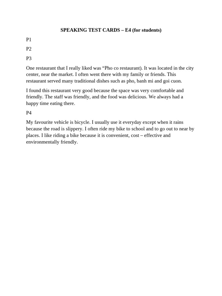 Speaking Test Cards | PDF