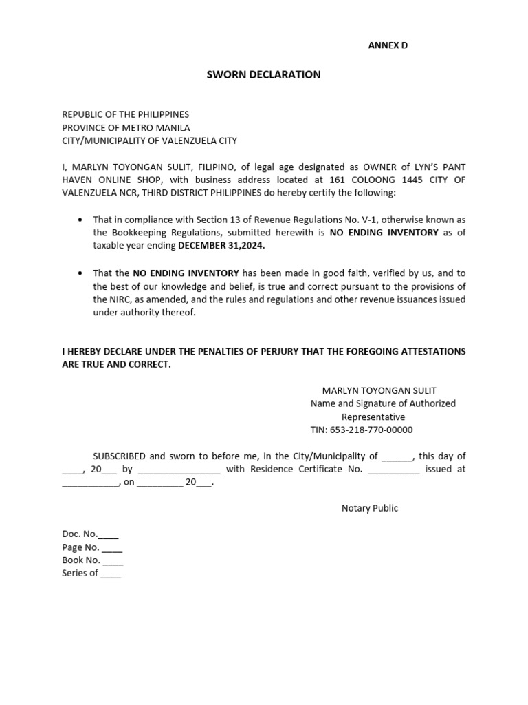 Annex D Sworn Declaration of No Inventory | PDF