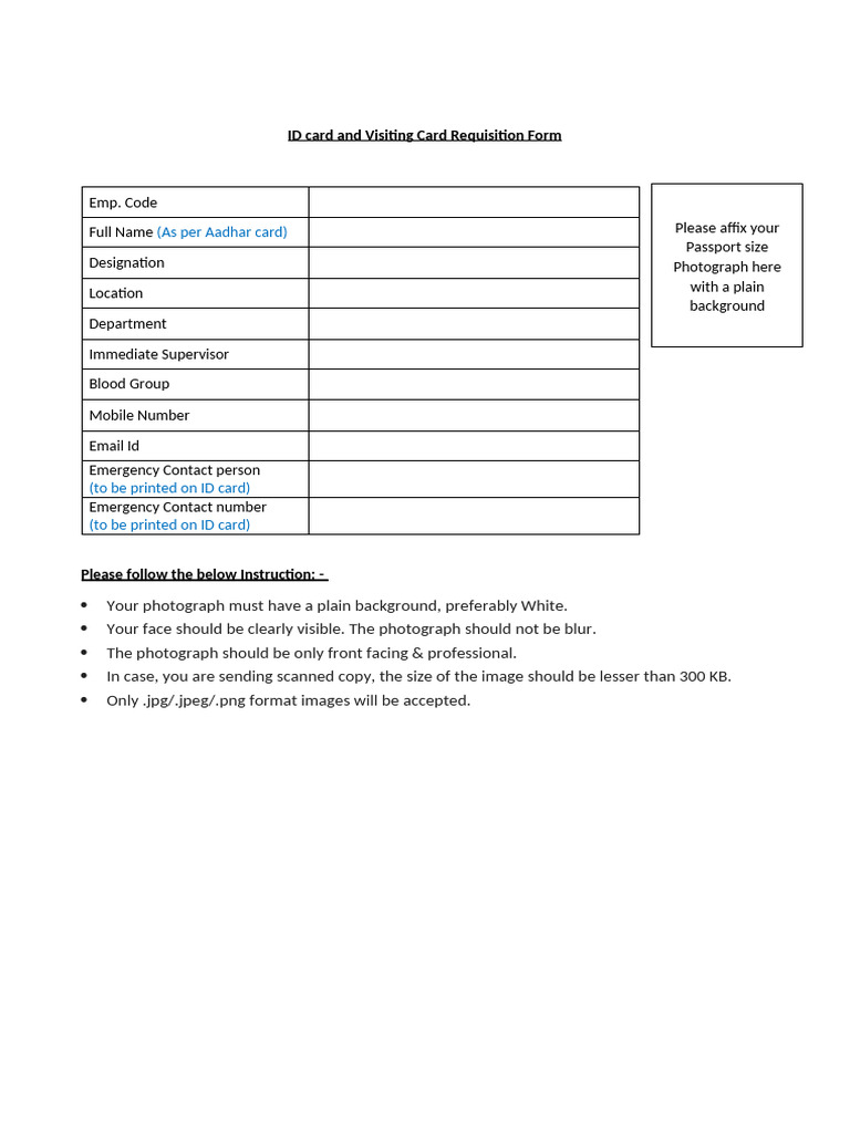 ID and Visiting Card Requisition Form PDF | PDF