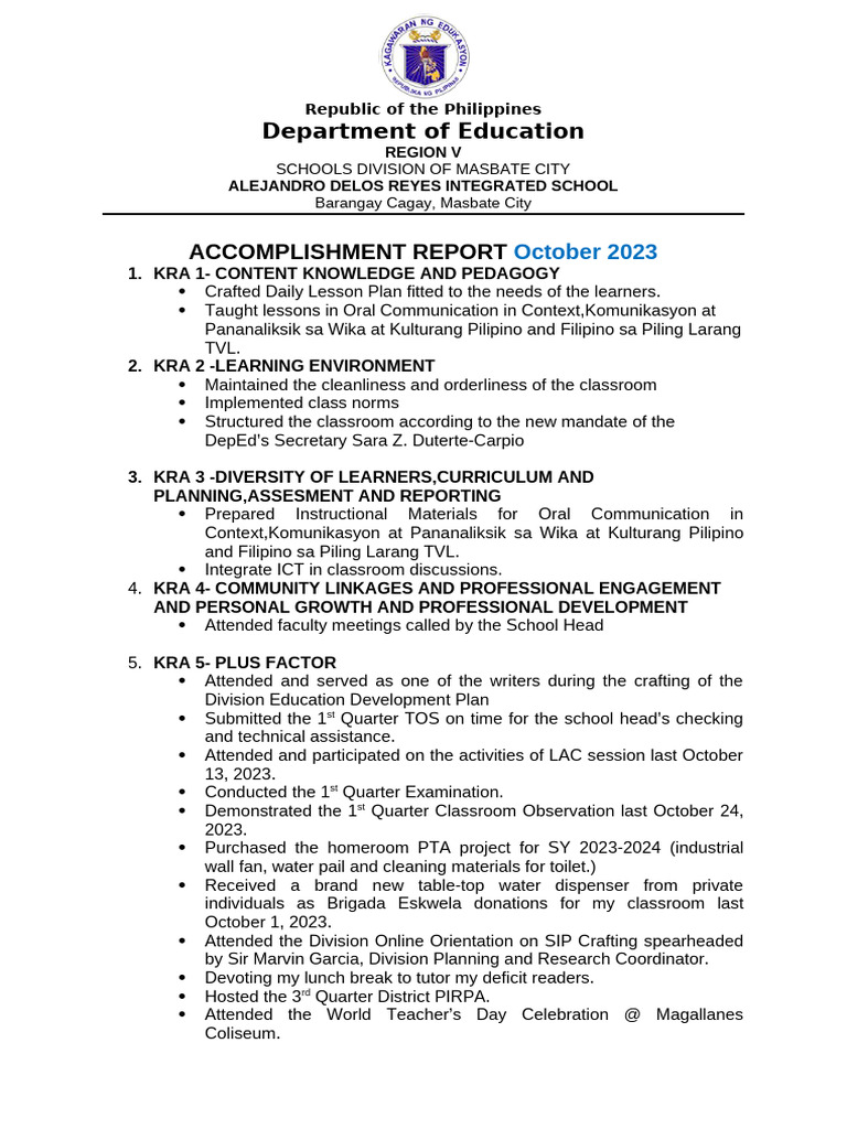 Accomplishment Report October 2023 | PDF | Cognition | Pedagogy