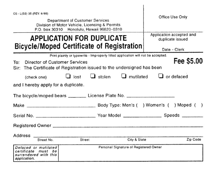 Honolulu Application For Duplicate Bicycle Moped Certificate of ...
