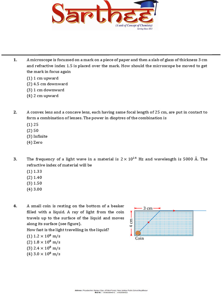 Ray Optics NEET/JEE Practice Test | PDF | Optics | Refractive Index
