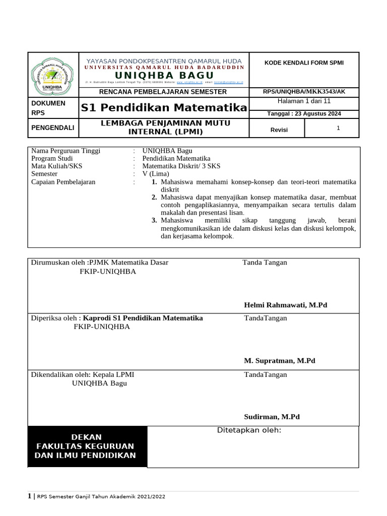 RPS Matematika Diskrit S1 UNIQHBA | PDF