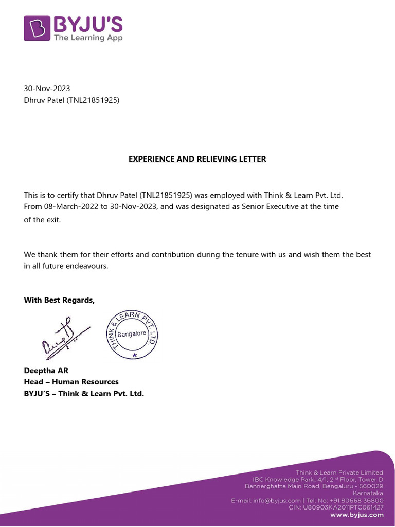 BYJU'S Experience and Relieving Letter | PDF