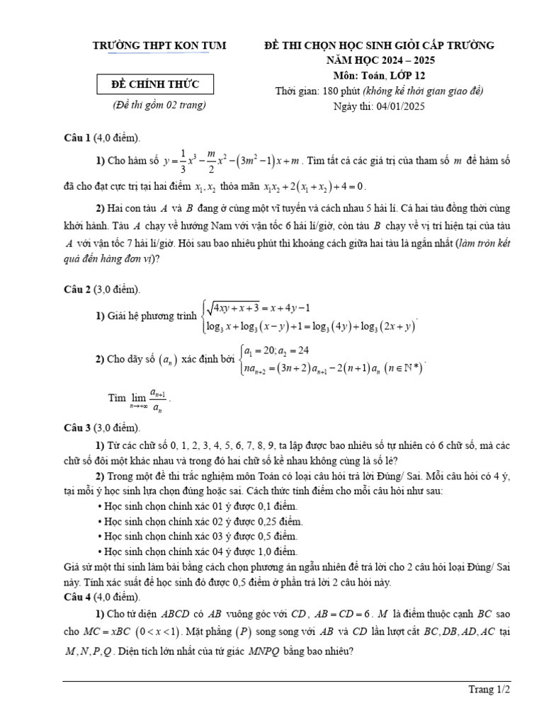 De Chon Hoc Sinh Gioi Toan 12 Nam 2024 2025 Truong THPT Kon Tum | PDF