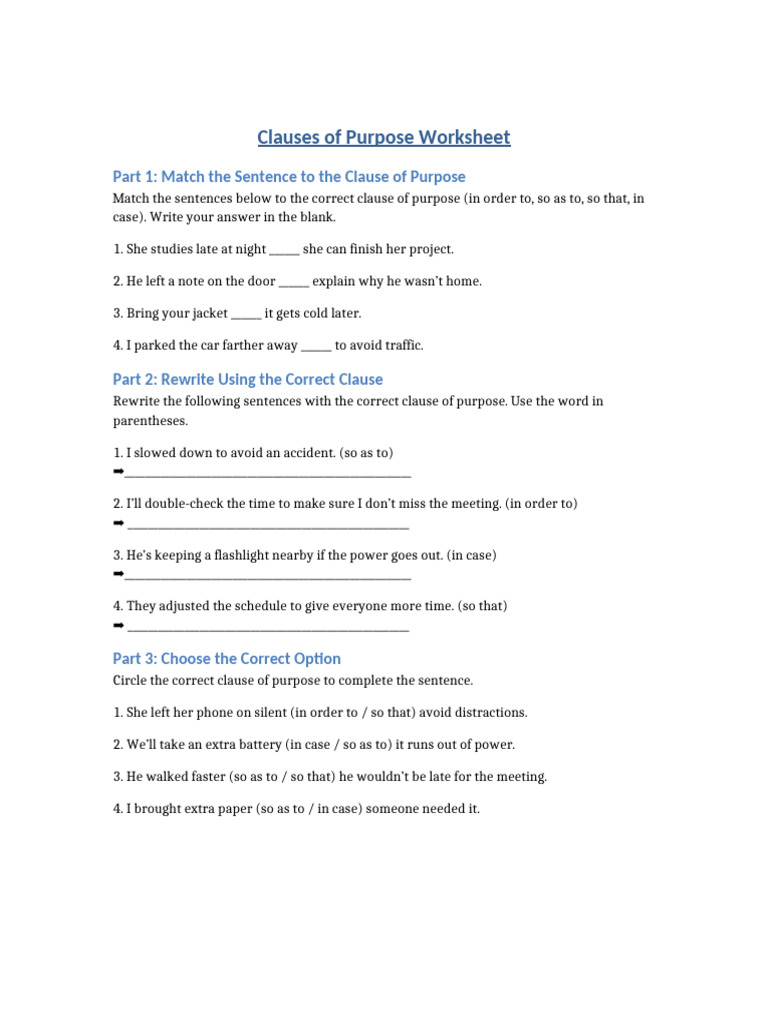 Clauses of Purpose Worksheet | PDF