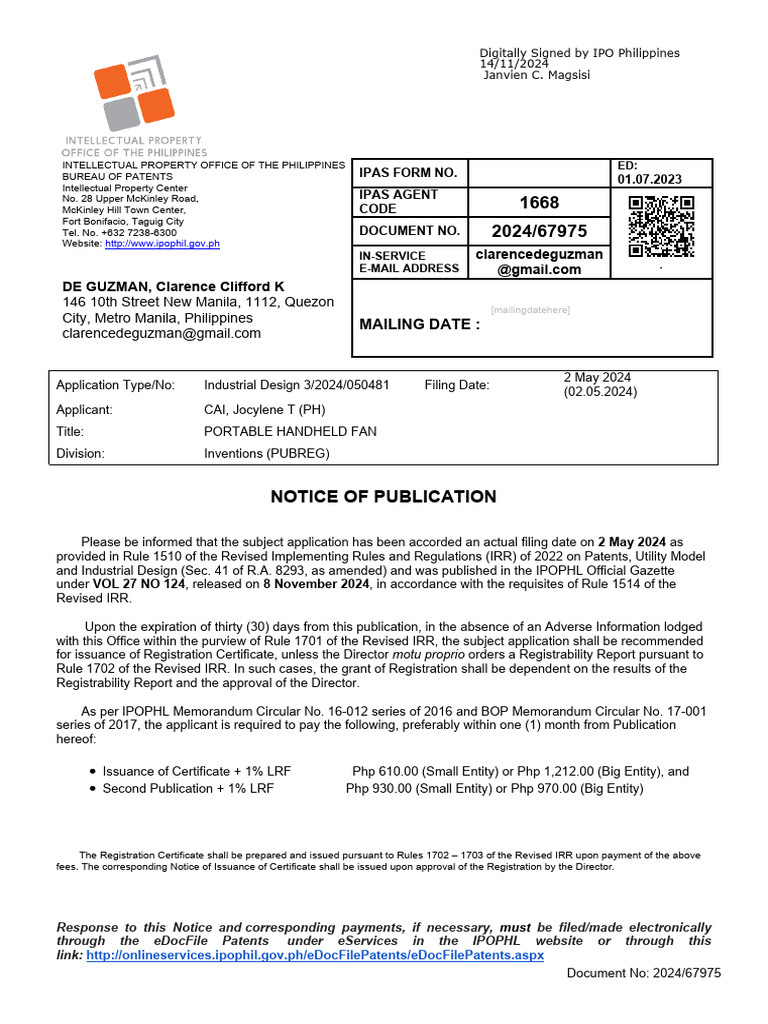 3-2024-50481 - Notice of Publication (ID New Rules) - B-2024-67975 | PDF | Patent | Glossary Of ...