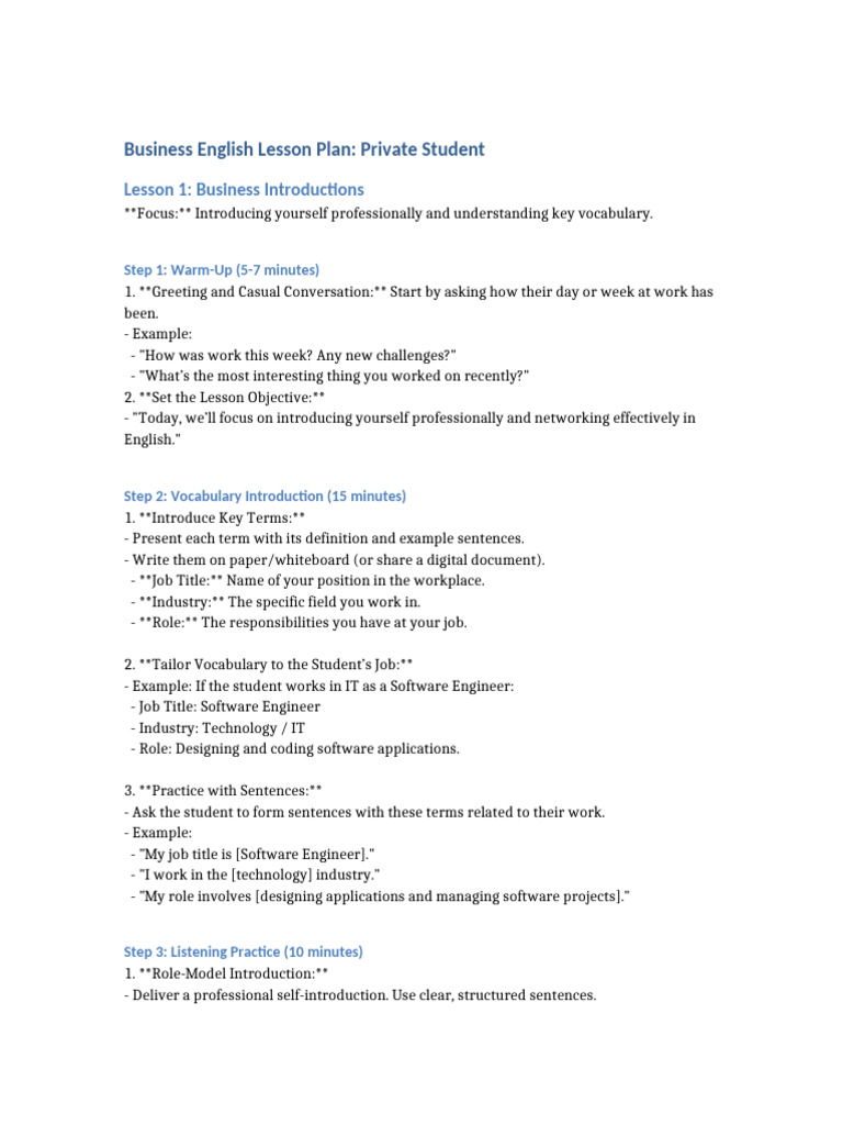 Business English Lesson Plan | PDF | Human Communication | Learning