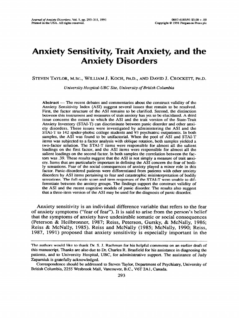 Anxiety Sensitivity, Trait Anxiety | PDF | Anxiety | Behavioural Sciences