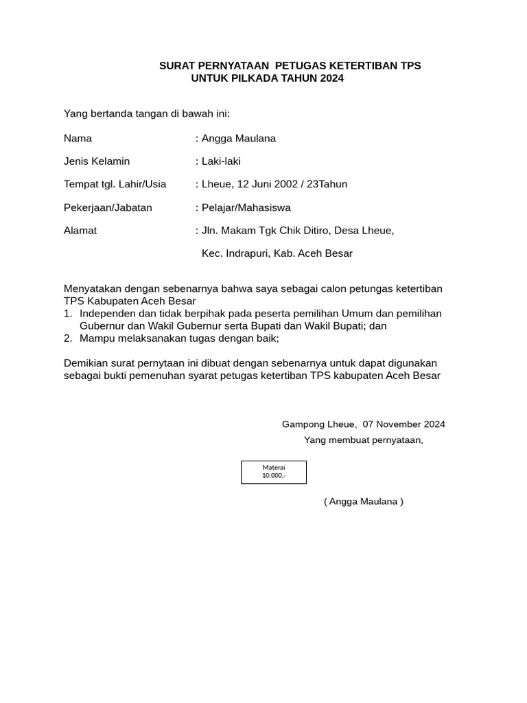 SURAT PERNYATAAN PETUGAS KETERTIBAN TPS | PDF