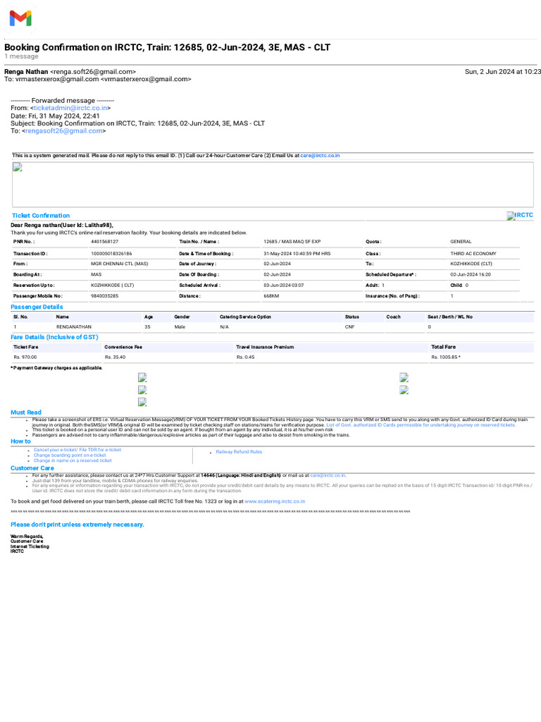 Gmail - Booking Confirmation On IRCTC, Train - 12685, 02-Jun-2024, 3E ...
