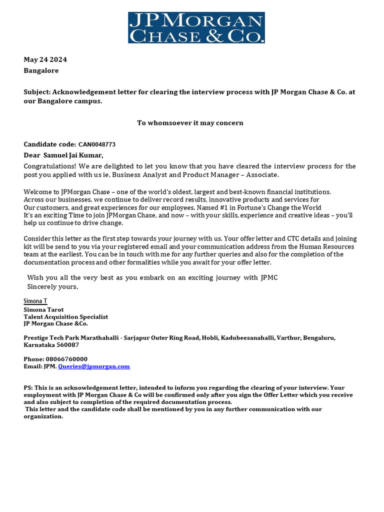 JP Morgan Interview Acknowledgement Letter | PDF