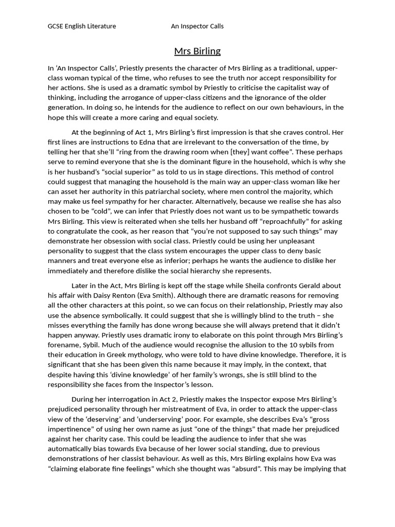GCSE Lit: Analyzing Mrs Birling | PDF