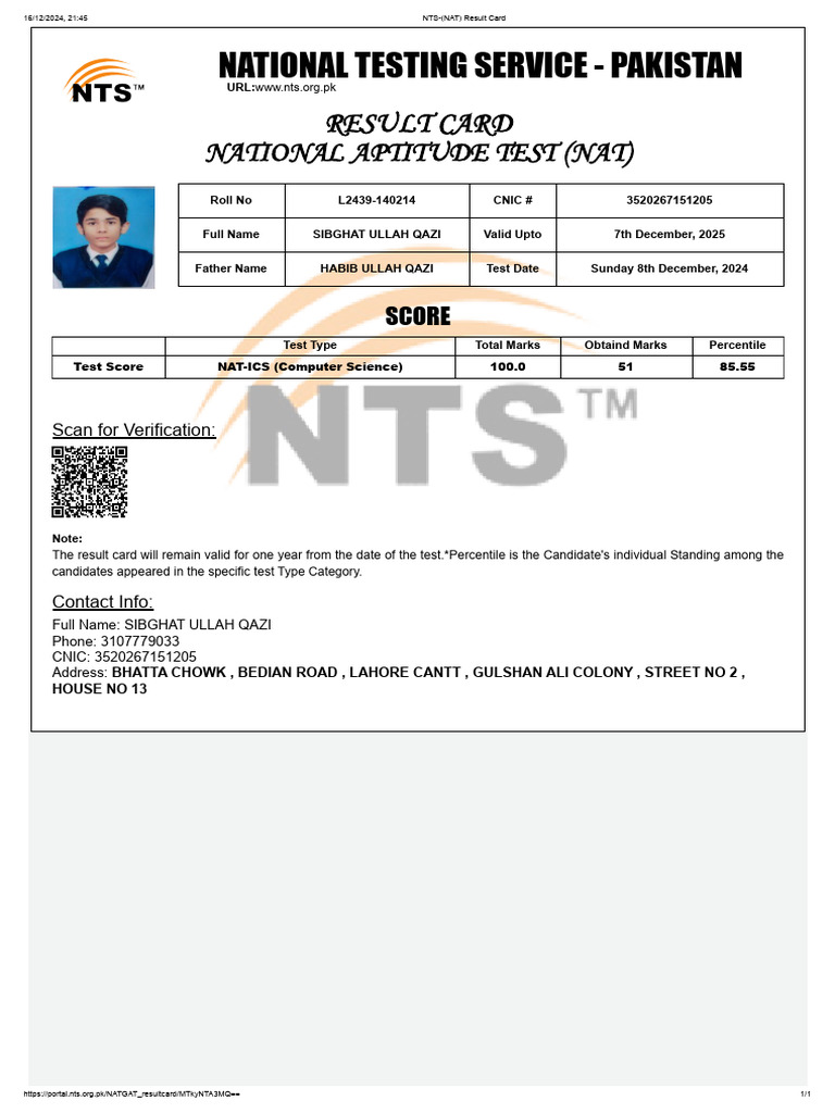 NTS NAT Result Card for Sibghat Ullah Qazi | PDF
