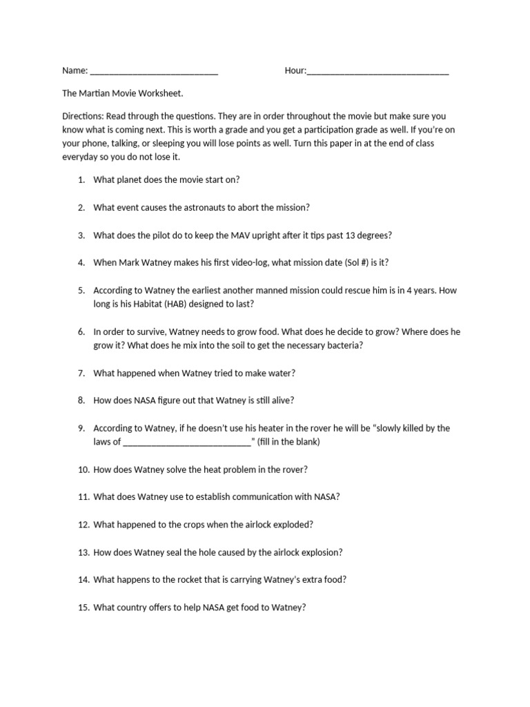 The Martian Movie Worksheet | PDF | Space Program Of The United States ...