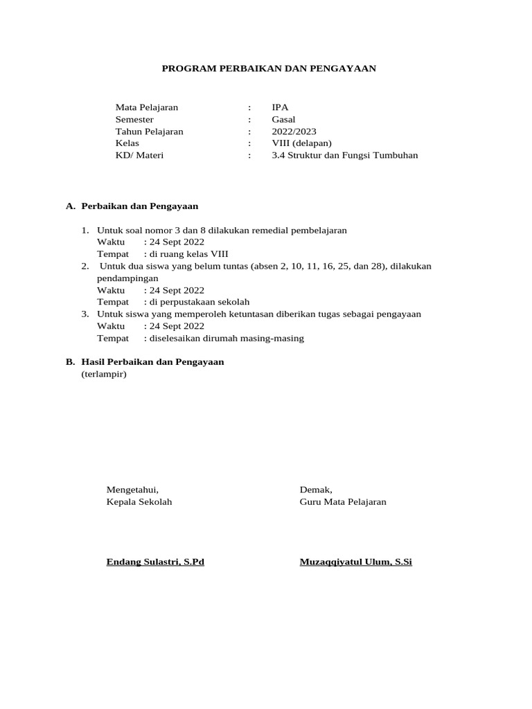 Program Perbaikan Dan Pengayaan KLS 8 | PDF
