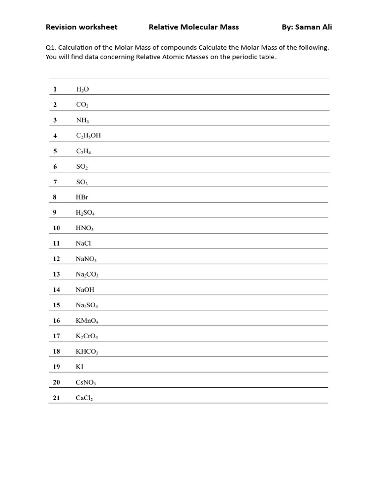 Molar Mass Calculation Worksheet | PDF