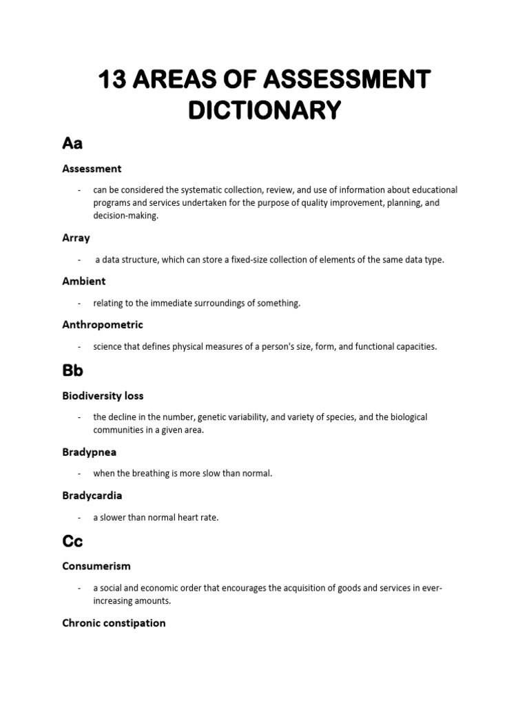 13 Areas of Assessment Dictionary | PDF | Lung | Medical Specialties