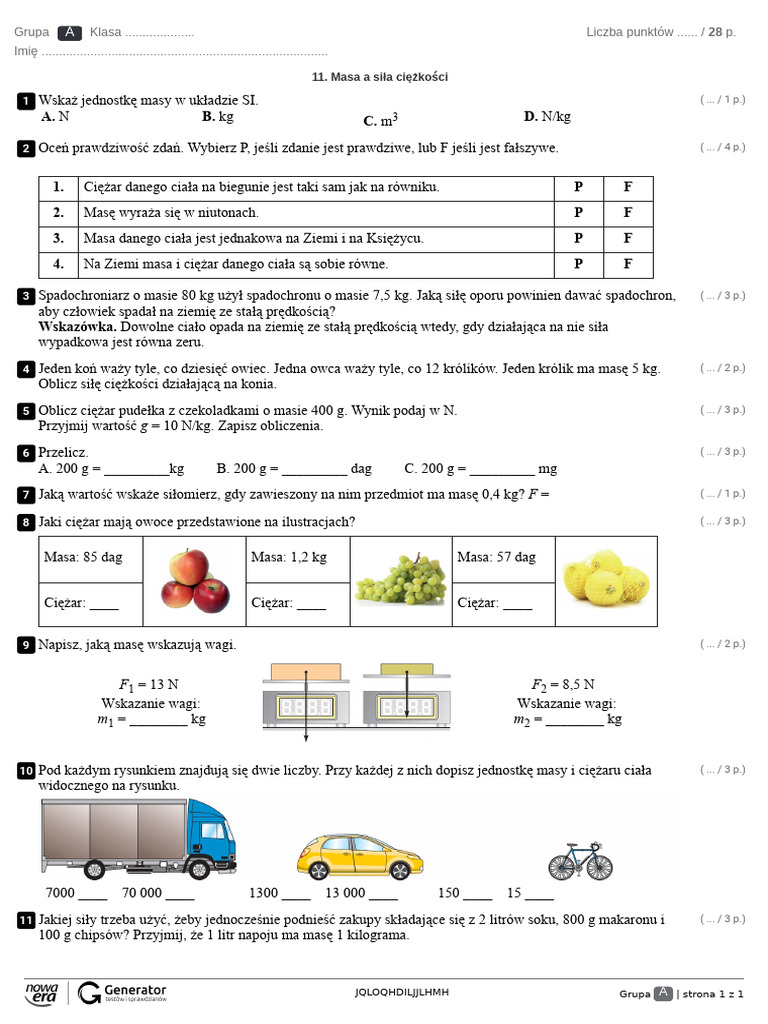 Masa A Si Éa Cie Ęz Çkos Üci Test (Z Widoczna Ę Punktacja Ę) | PDF
