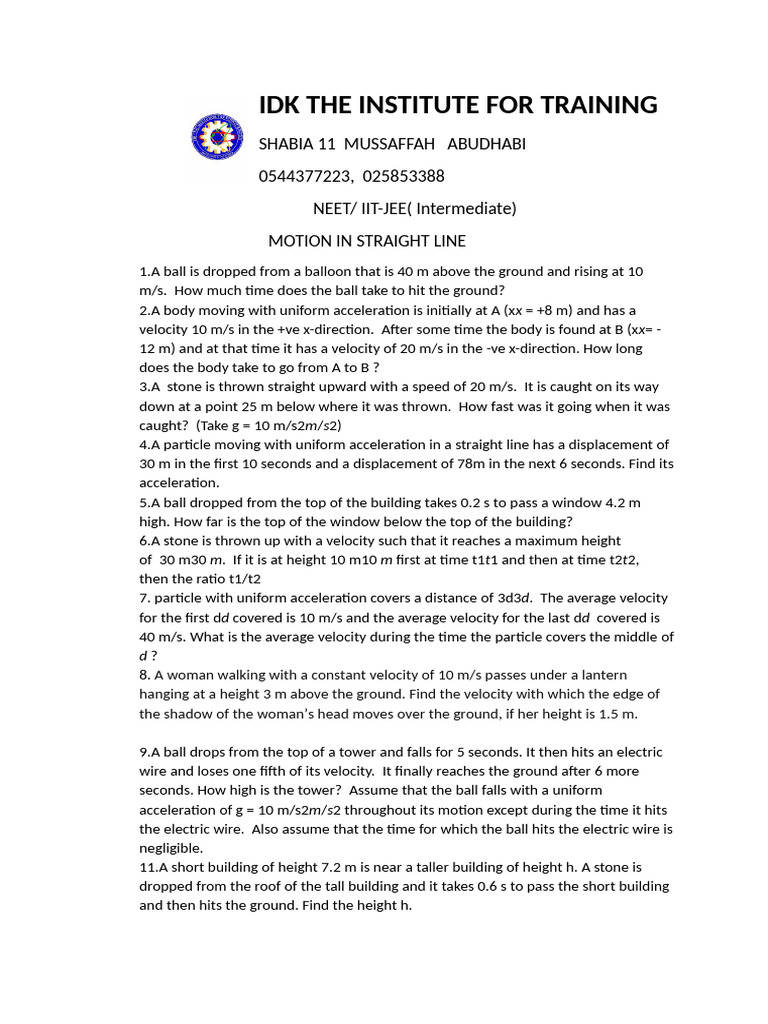 MOTION IN STRAIGHT LINE Intermediate | PDF | Acceleration | Spacetime