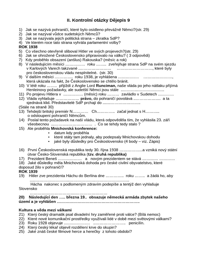 II. Kontrolní Otázky Dějepis 9 | PDF