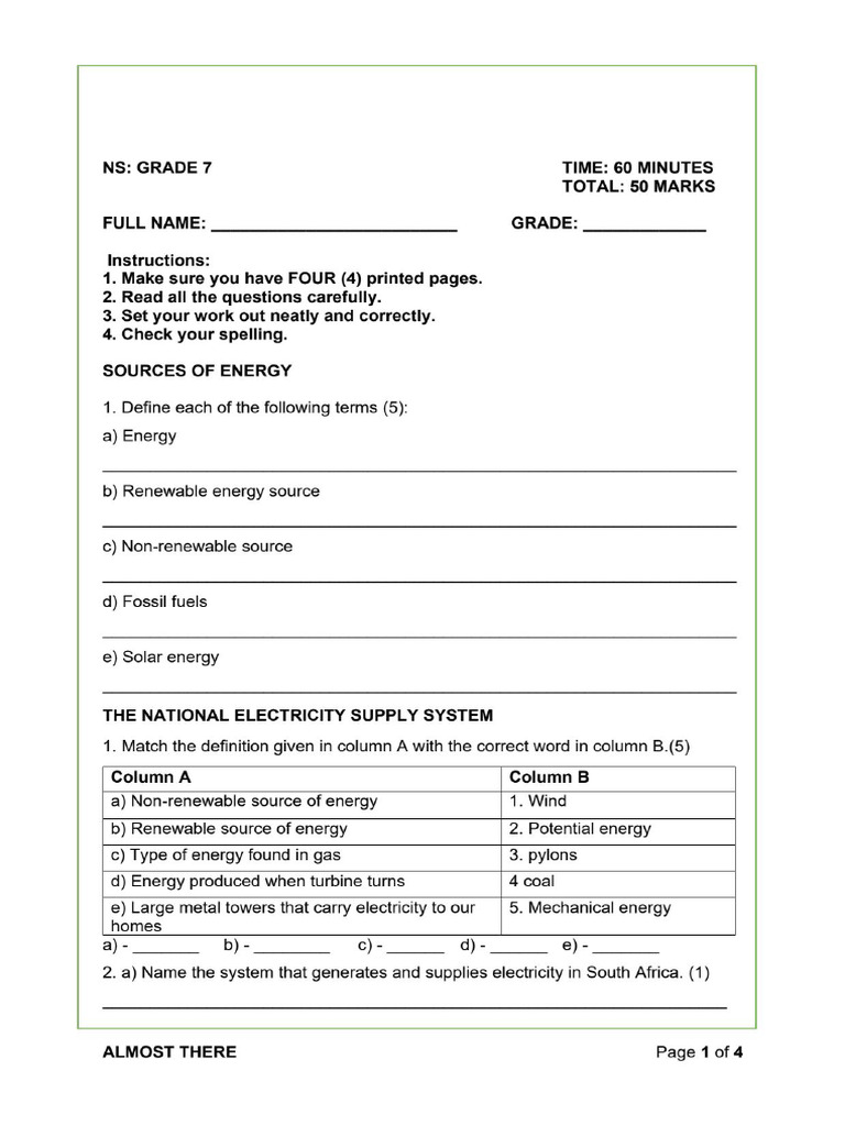 Grade 7 Ns Test September 2021 | PDF