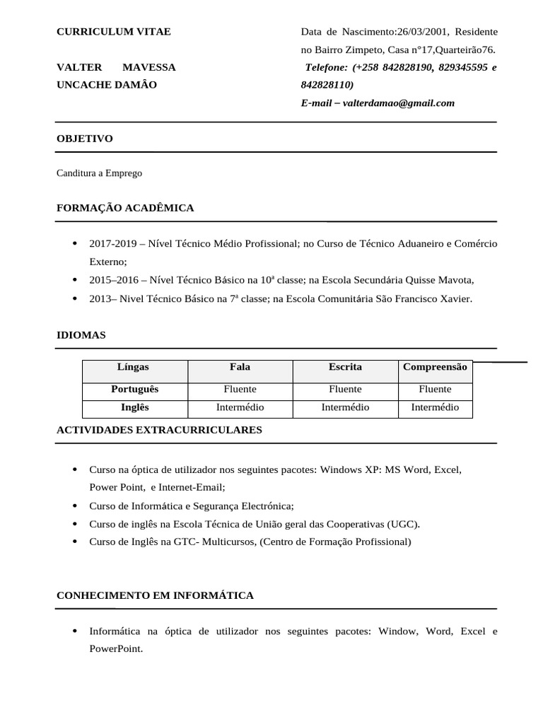 CURRICULUM VITAE - VALTER DAMAO (Autosaved) 2021 Junho | PDF