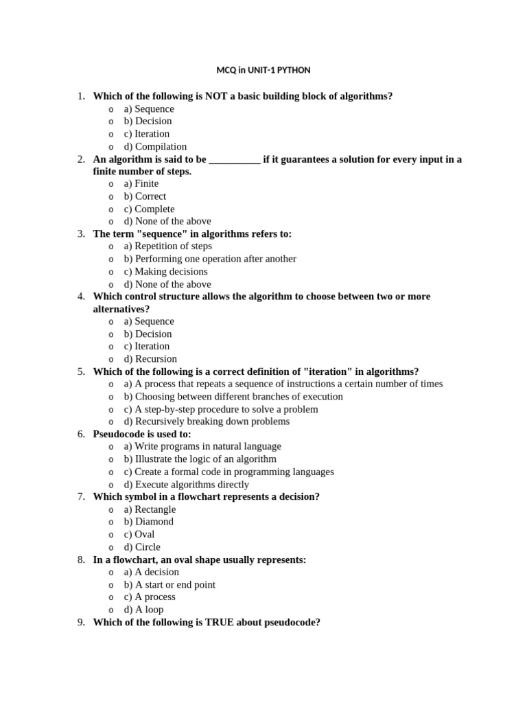 MCQ in UNIT1 | PDF | Control Flow | Algorithms