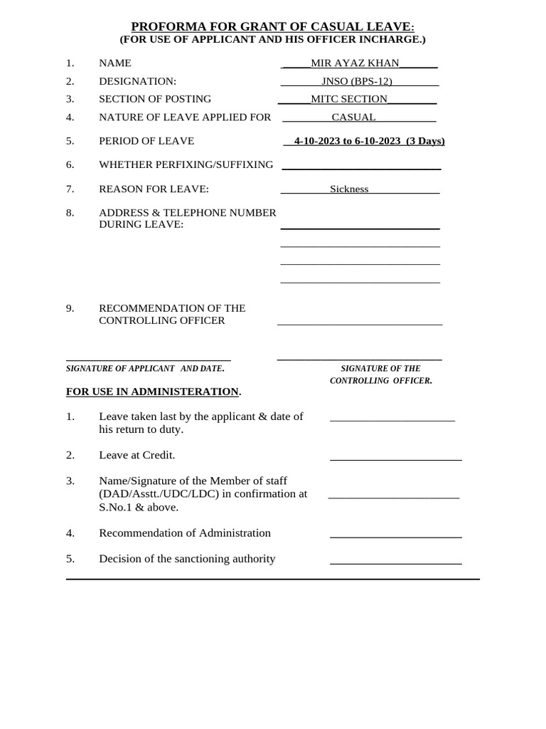 Proforma For Grant of Casual Leave | PDF