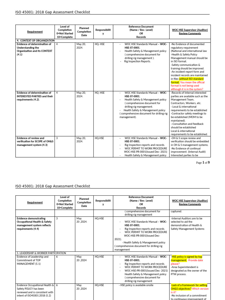 C ISO 45001 Gap Assessment Checklist Docx | PDF | Audit | Risk