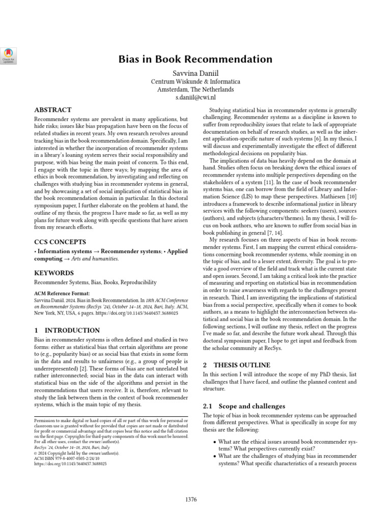 Bias in Book Recommendation: Savvina Daniil | PDF