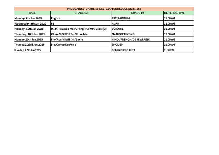 Pre Board Exam Schedule 2024-25 | PDF