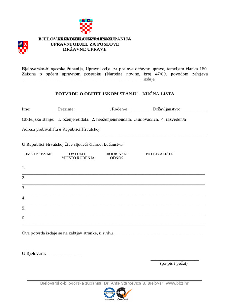 Potvrda Kucna Lista | PDF