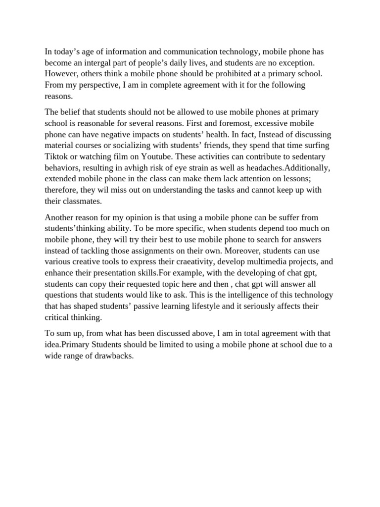 A Mobile Phone Should Be Banned at A Primary School | PDF