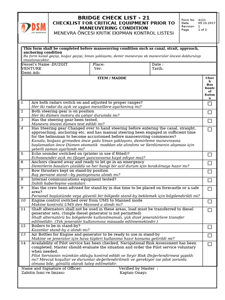 Check List For Critical Equipment Prior To Maneuvering Condition | PDF