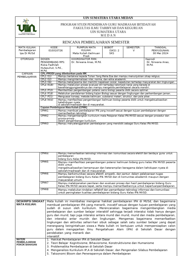 RPS Pembelajaran IPA Di MISD | PDF