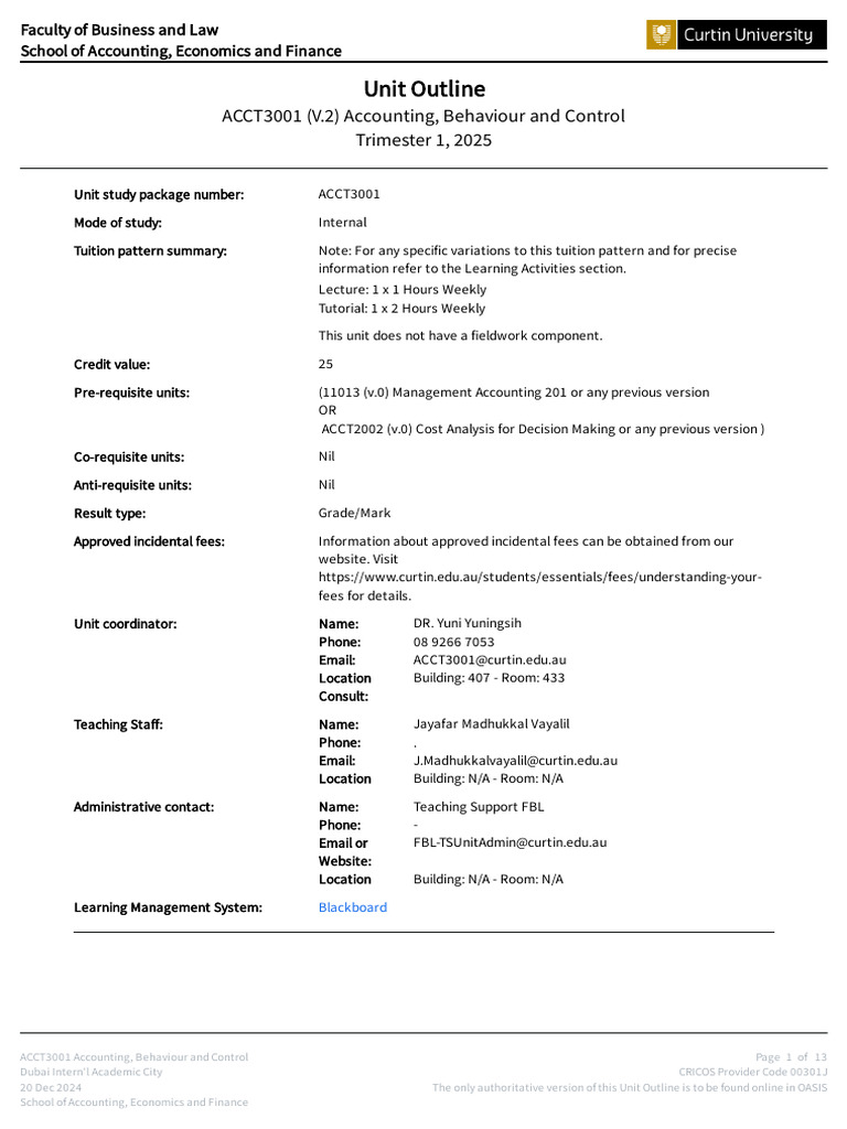 ACCT3001 Accounting, Behaviour and Control Trimester 1 2025 Dubai ...