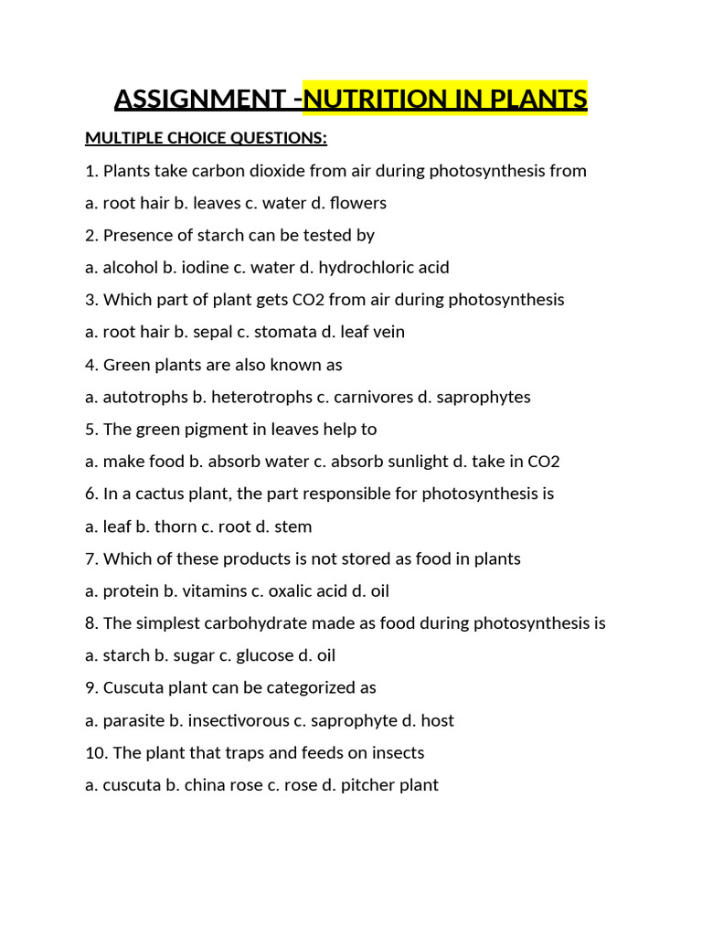 Class 7 Nutrition in Plants Assignment | PDF | Plants | Nutrition