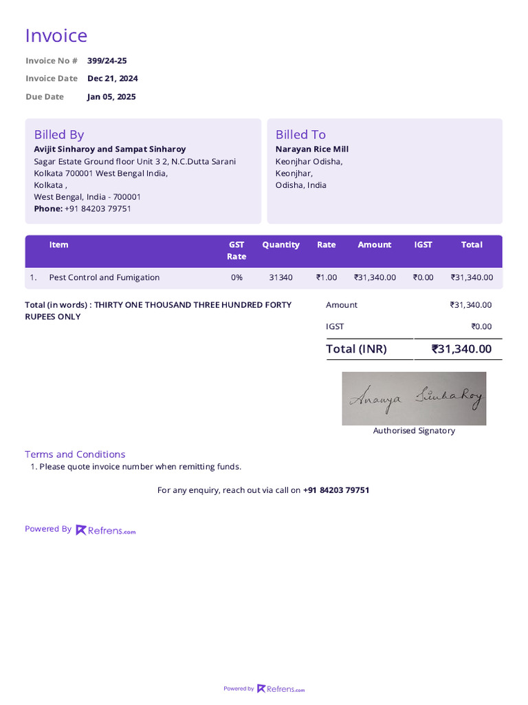 Invoice 39924 25 Avijit Sinharoy and Sampat Sinharoy Narayan Rice Mill ...