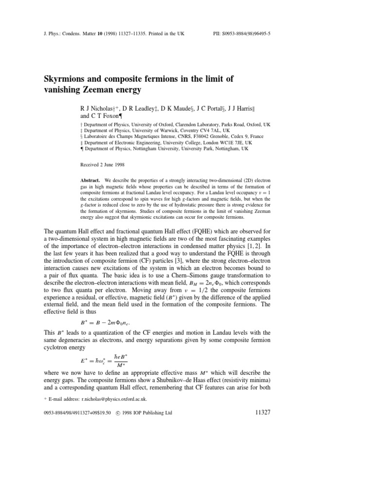 R J Nicholas Et Al - Skyrmions and Composite Fermions in The Limit of ...