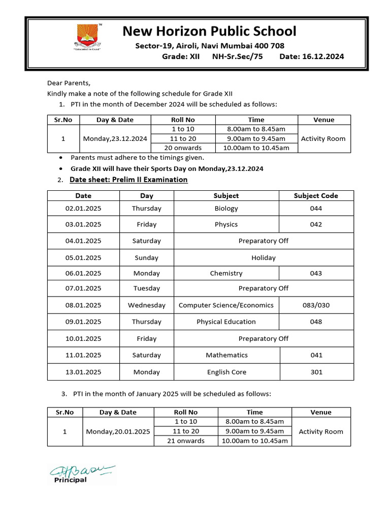 Circilar No 75 - XII Revised Prelim II Examination | PDF