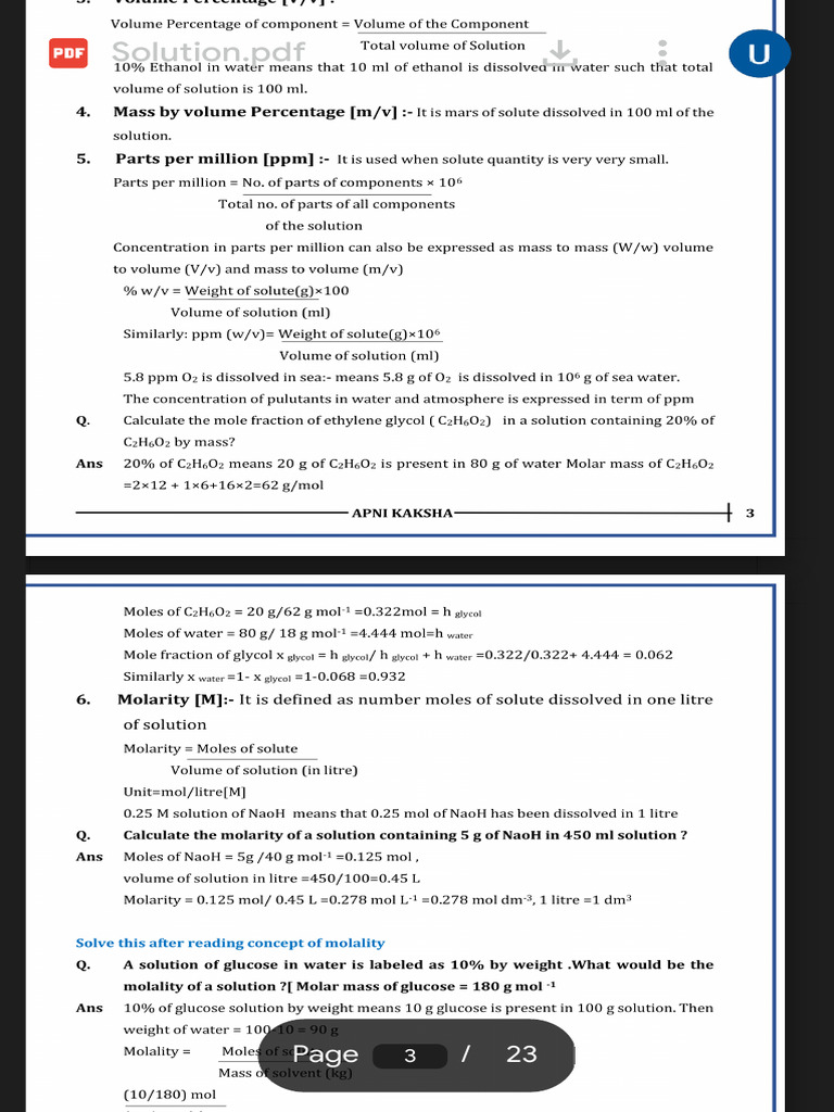 Solution Concentration Calculations Guide | PDF | Parts Per Notation ...