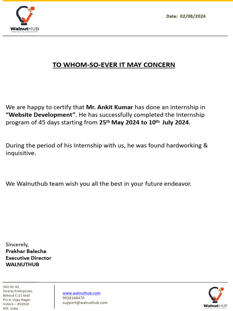 Internship Letter Ankit Kumar Bikaner | PDF