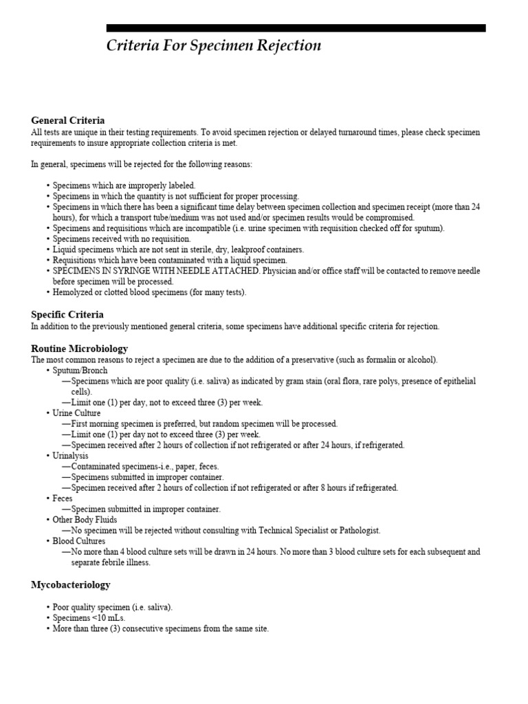 Criteria For Specimen Rejection | PDF | Body Fluids | Medicine