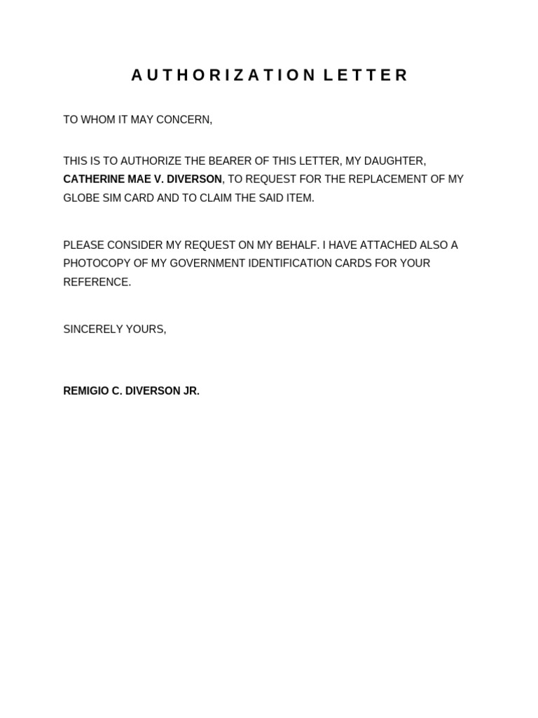Authorization Letter for SIM Card Replacement | PDF