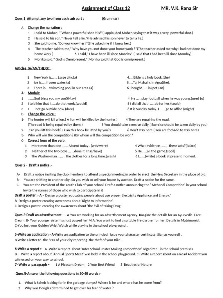 Class 12 English Grammar Assignment | PDF