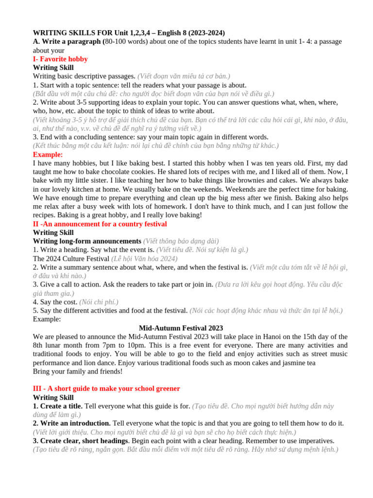 WRITING - UNIT 1.2.3.4 Lop 8 | PDF