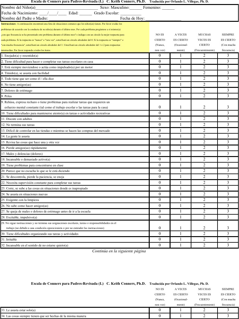 Escalas de Conners para Evaluación TDAH | PDF | Desorden hiperactivo y ...
