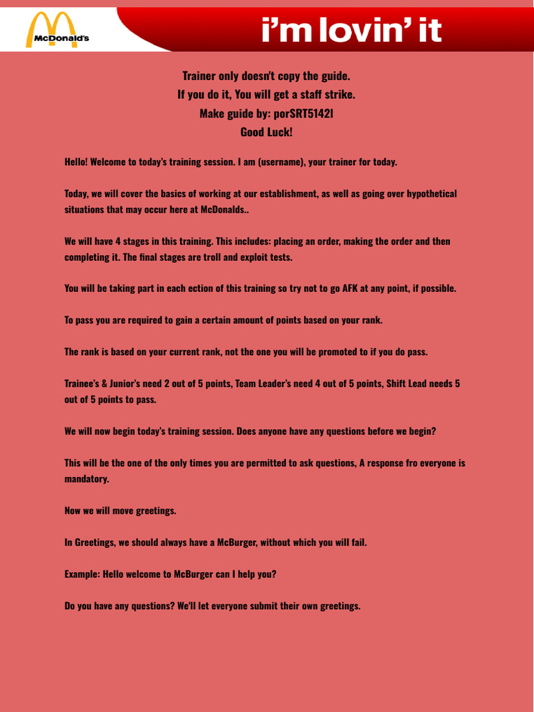 McDonald's Training Session Guide | PDF